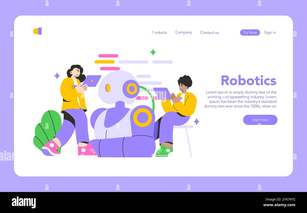 Robotics concept. People interact with giant robot through digital ...
