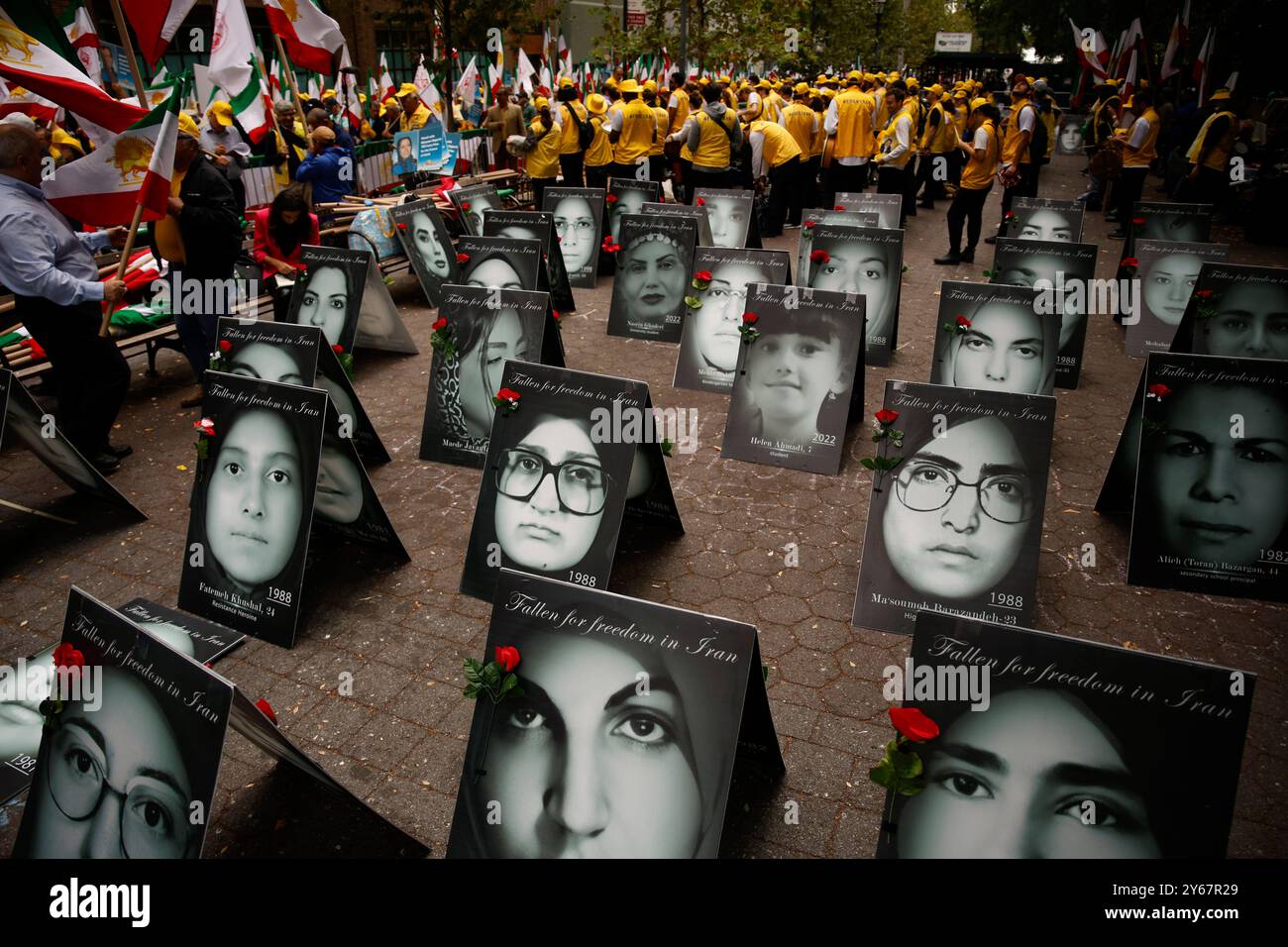 Demonstrators protest, Tuesday, Sept. 24, 2024, in New York, outside ...