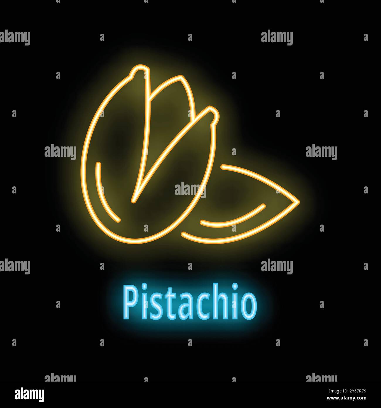 Bright yellow neon sign depicting pistachio nuts with half open shells ...