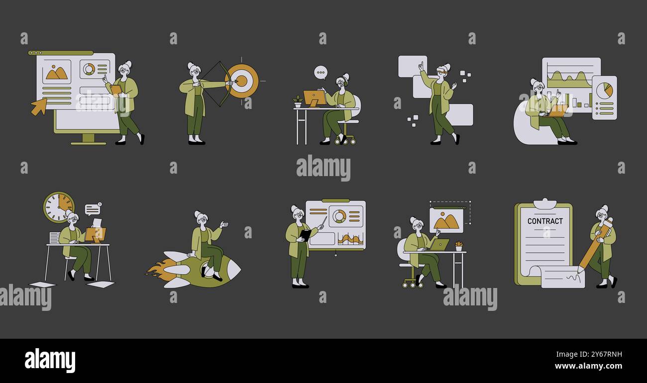 Businesswoman set. Versatile office activities and strategy development ...