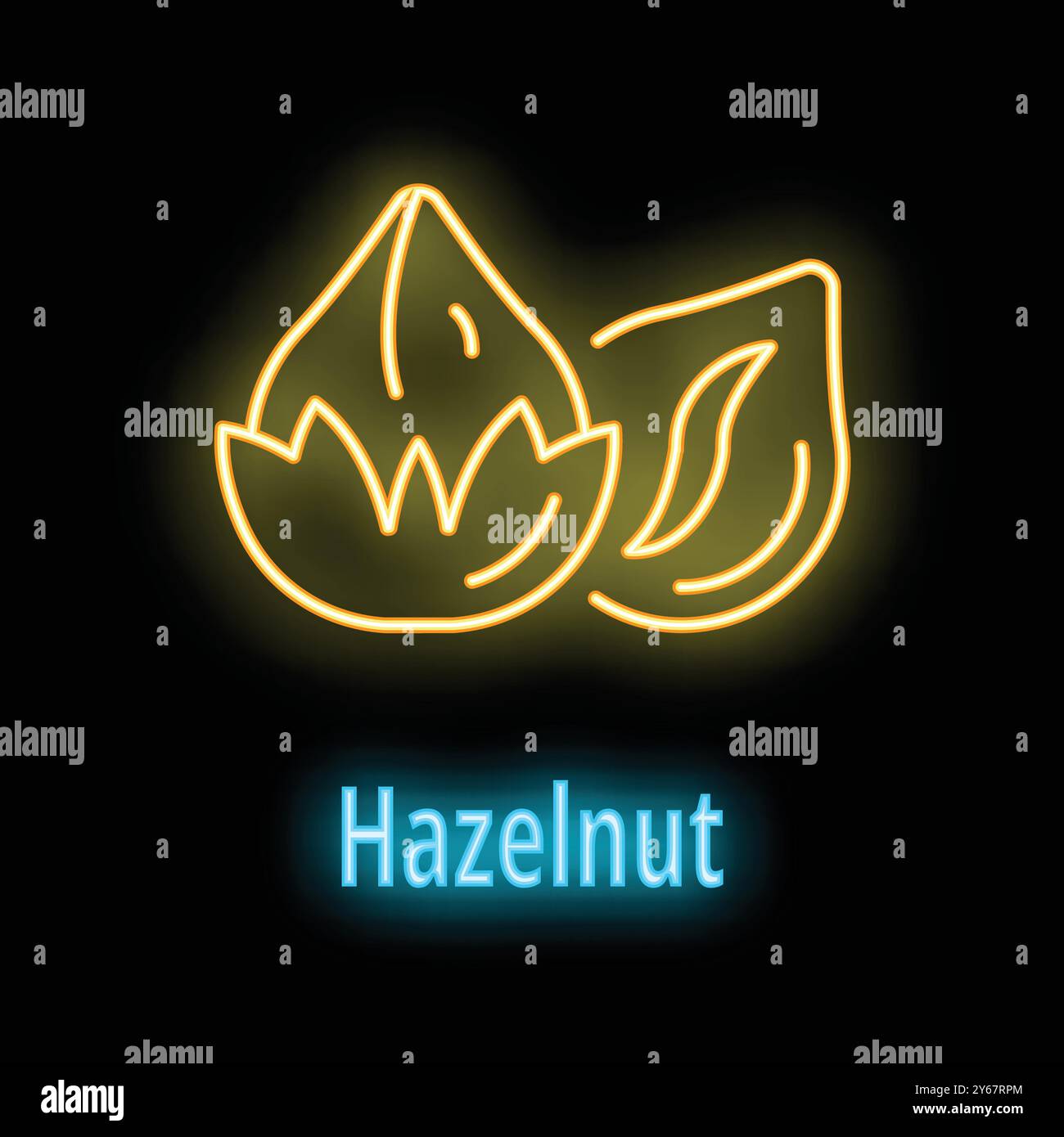 Bright yellow neon sign depicting hazelnut with leaves, glowing on ...
