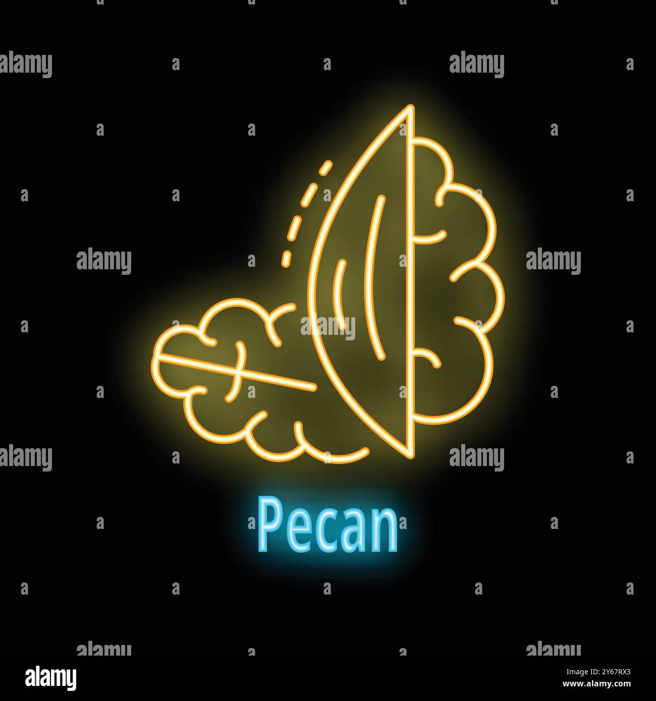 Bright neon sign depicting a pecan nut with its shell and a leaf ...