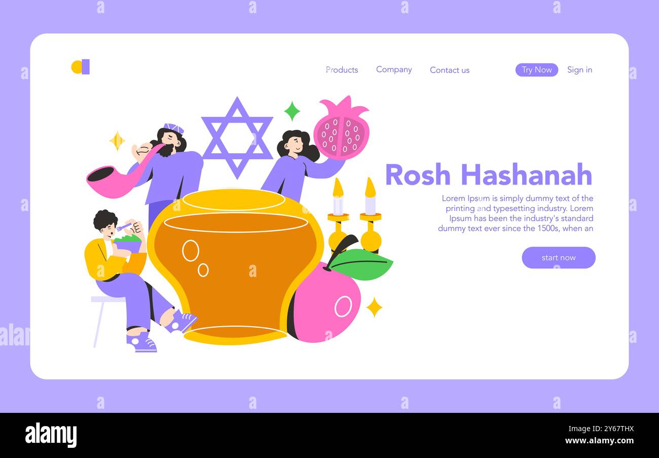 Rosh Hashanah concept. Celebratory scene with characters performing ...