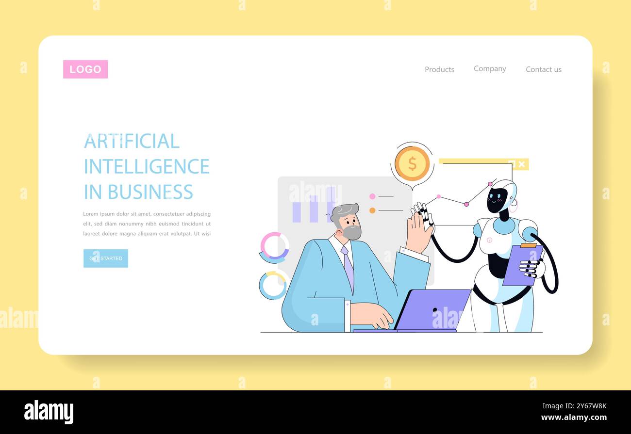 Artificial intelligence concept. A robot assists a businessman with ...