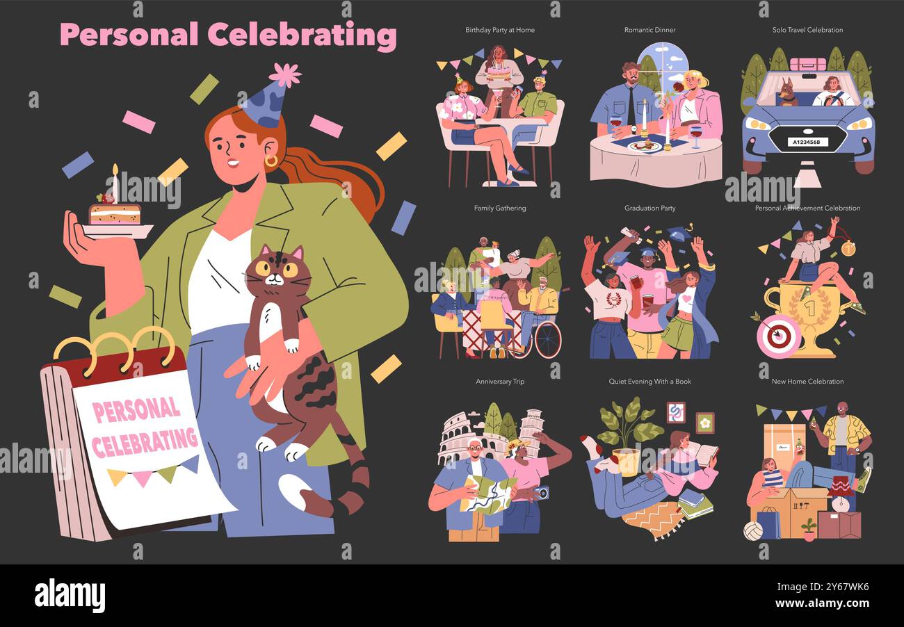 Personal Celebrating set. Diverse joyful moments from birthday to ...