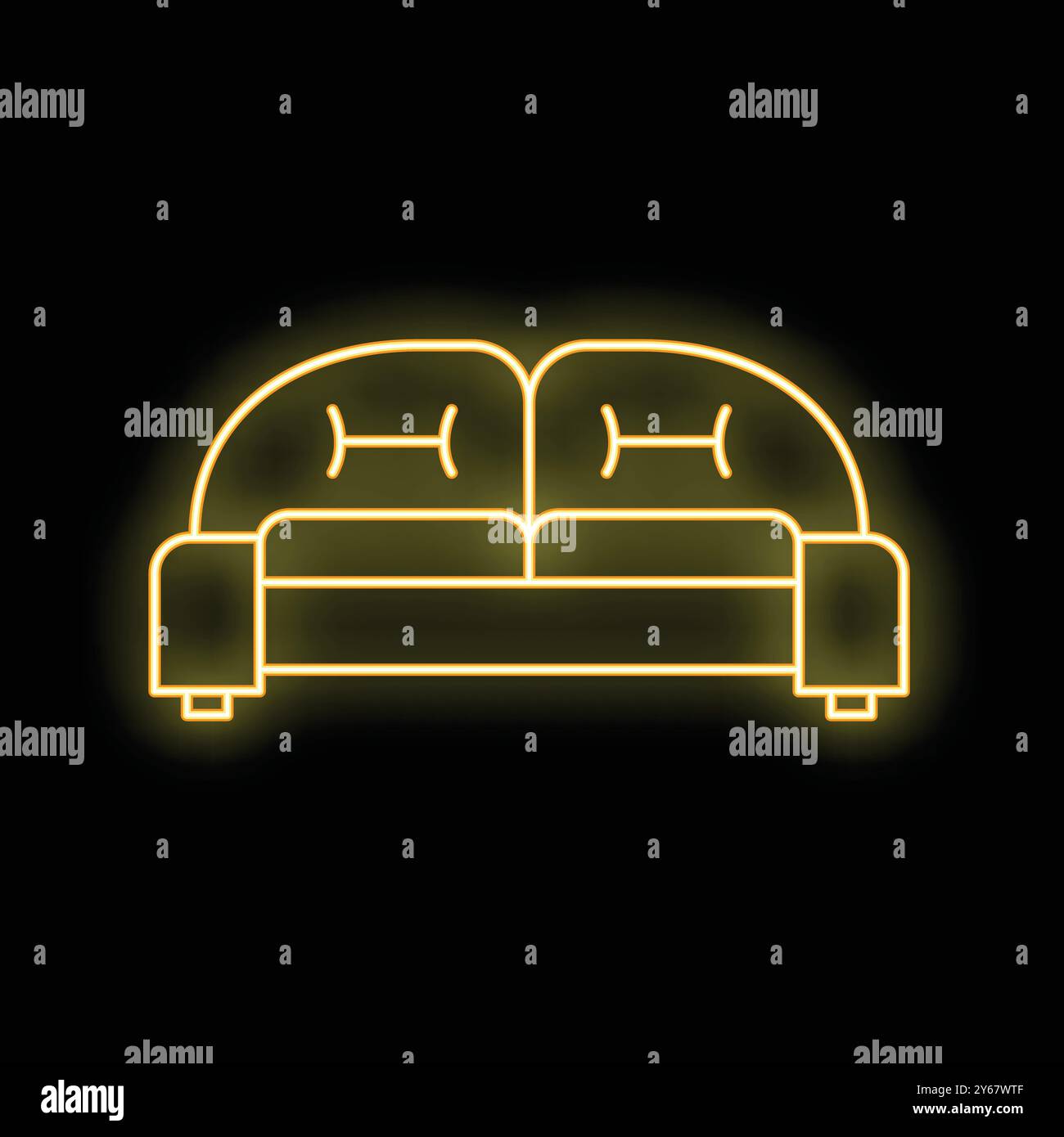 Yellow neon sign depicting a sofa with pillows on a black background ...