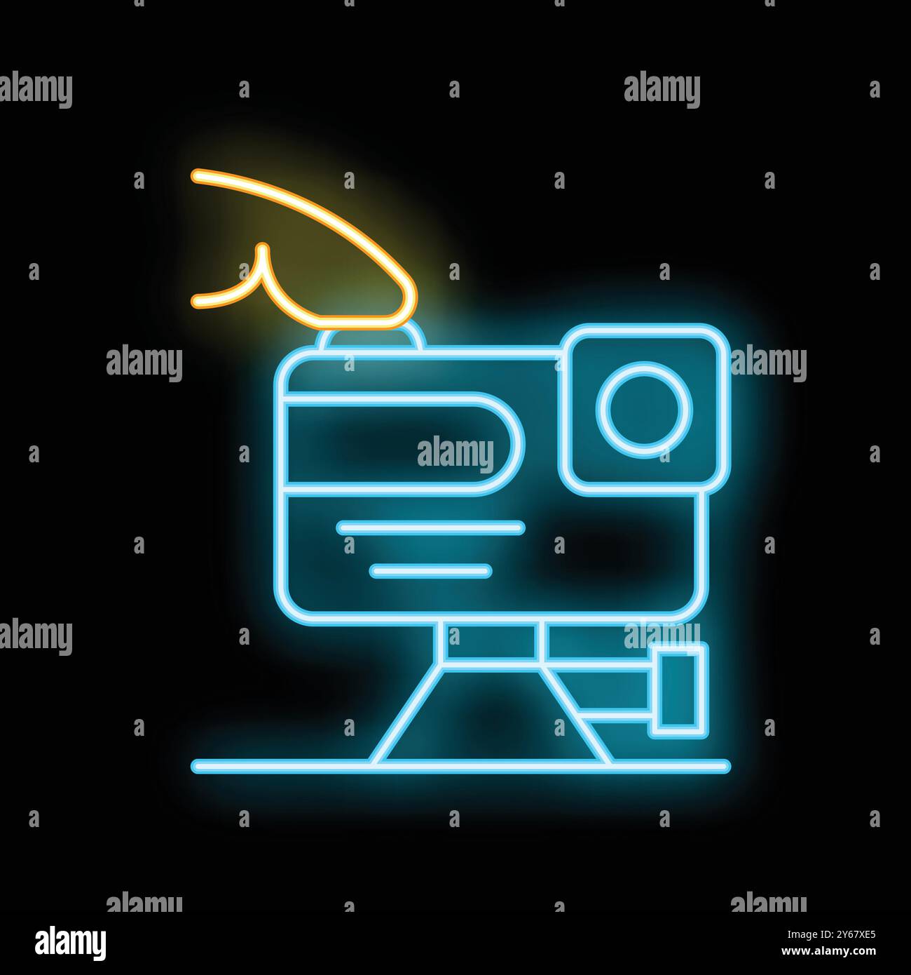 Neon sign of a finger pushing the record button of an action camera ...