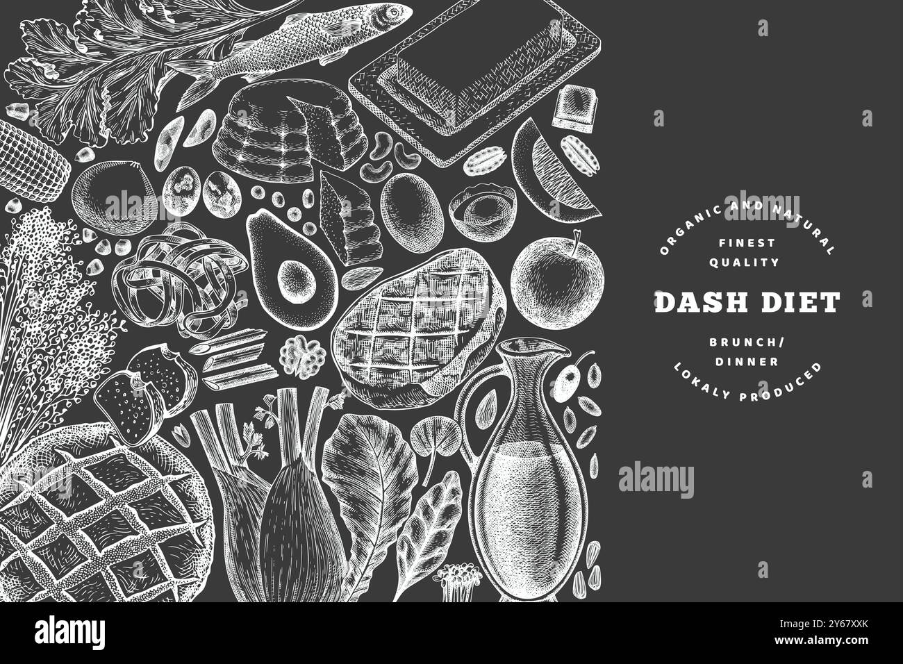 Dash Diet Design Template. Vector Hand Drawn Chalk Board Healthy Food ...