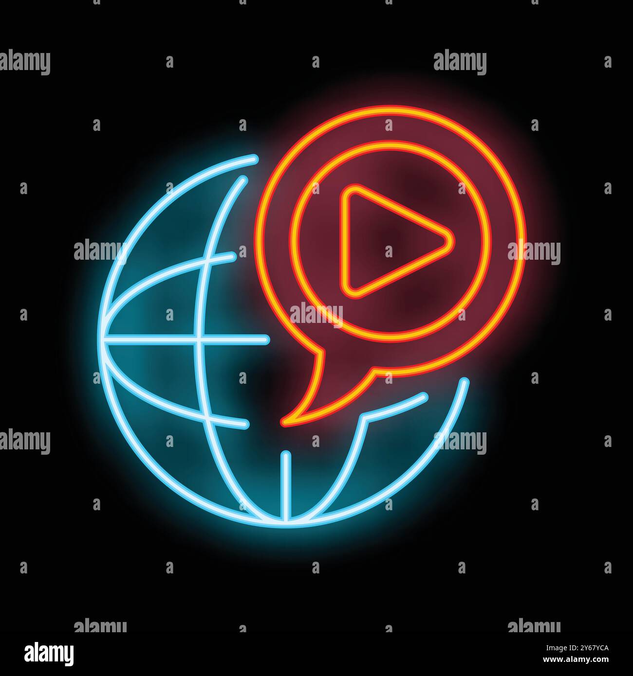Neon glowing icon of globe with play button inside speech bubble ...