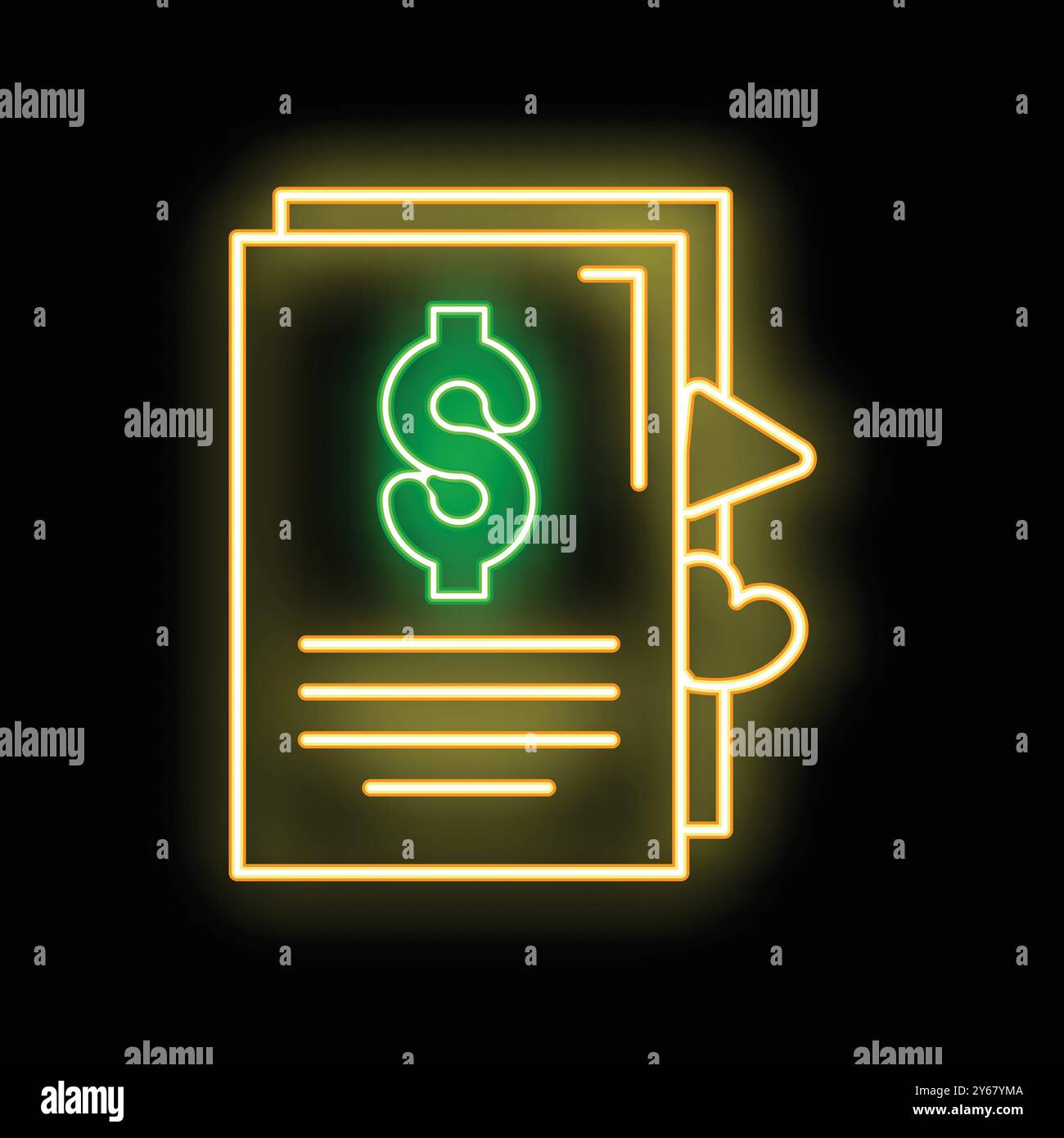 Neon glowing financial document icon with a dollar sign and bookmarks ...