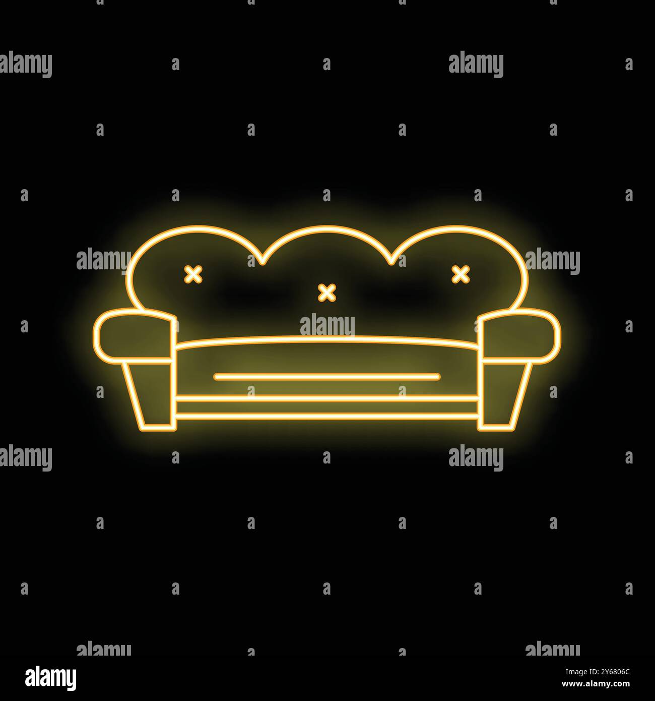 Yellow neon sign depicting a classic sofa glowing on black background ...