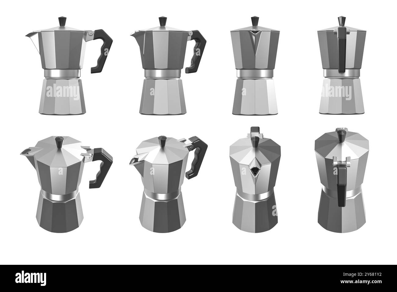 moka pots displayed from different angles on a transparent background ...