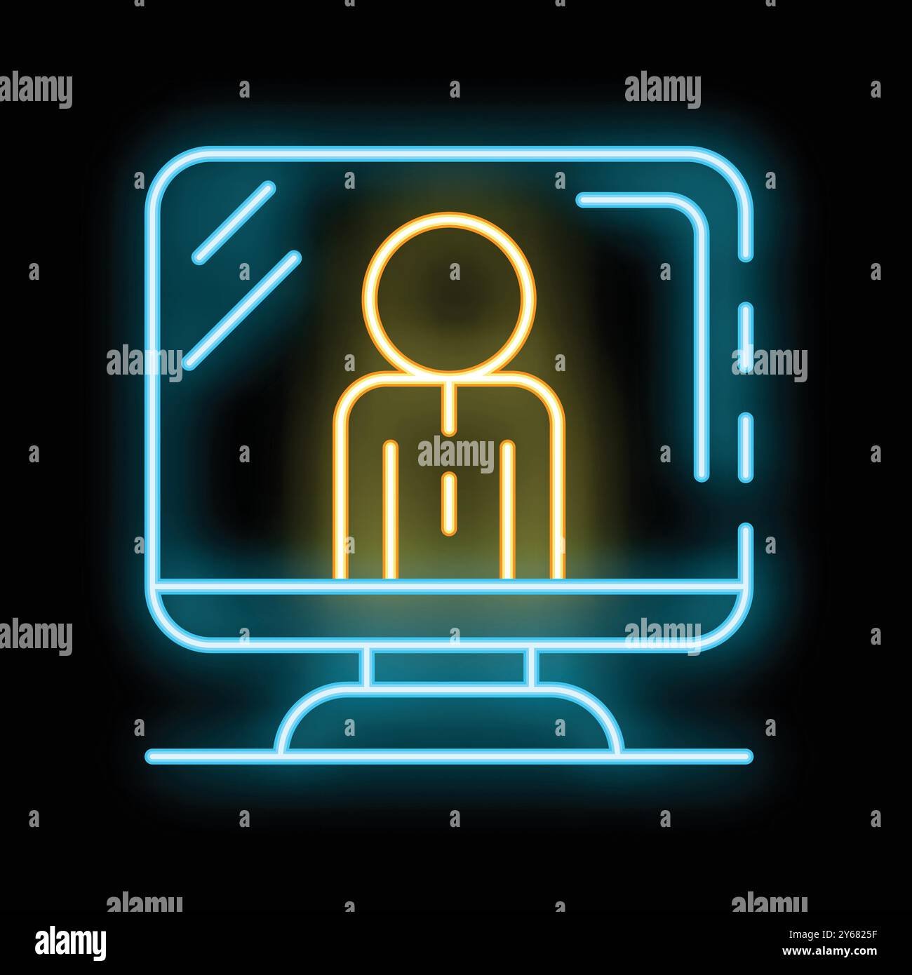 Neon computer icon glowing on dark background representing online ...