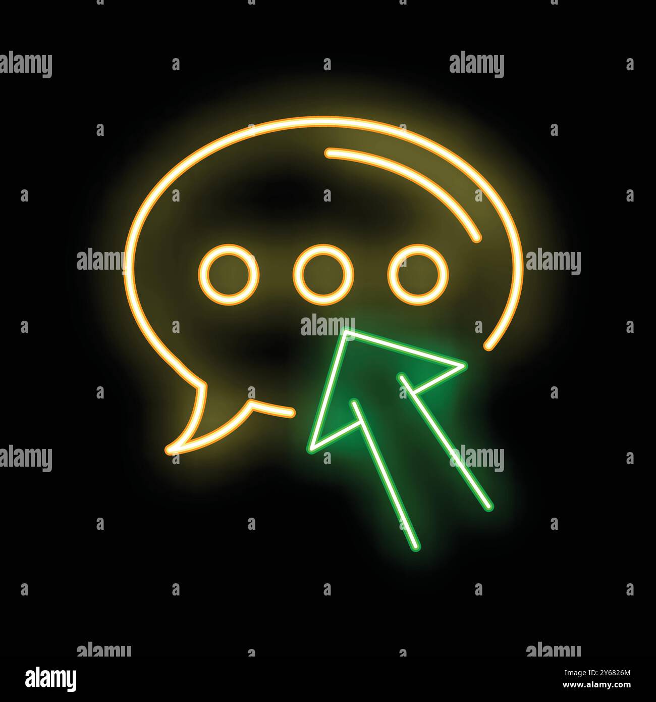 Neon green cursor clicking speech bubble with three dots on black background representing online ...