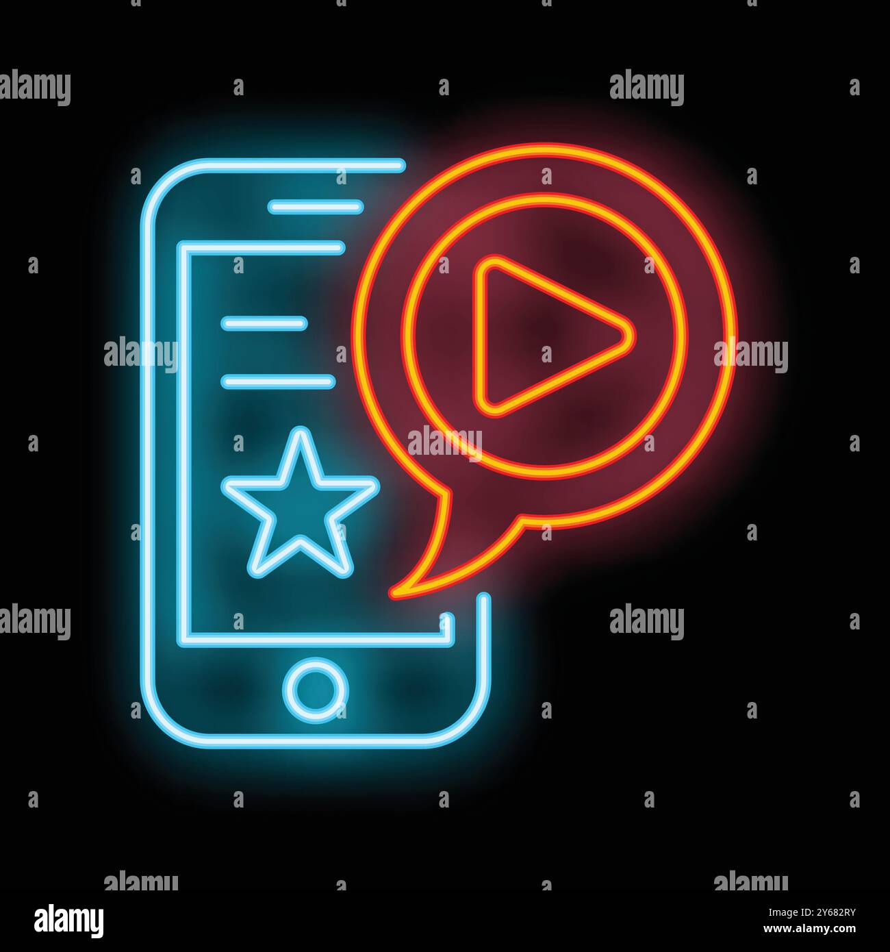 Neon sign depicting a smartphone with a video play button and a five ...