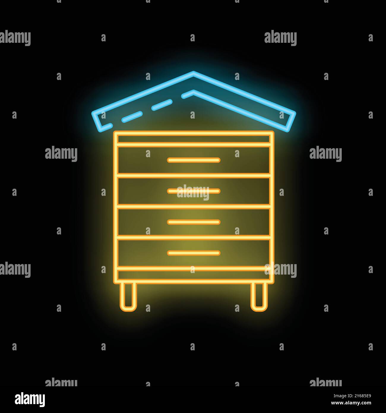 Glowing neon sign representing a beehive with roof for producing honey ...