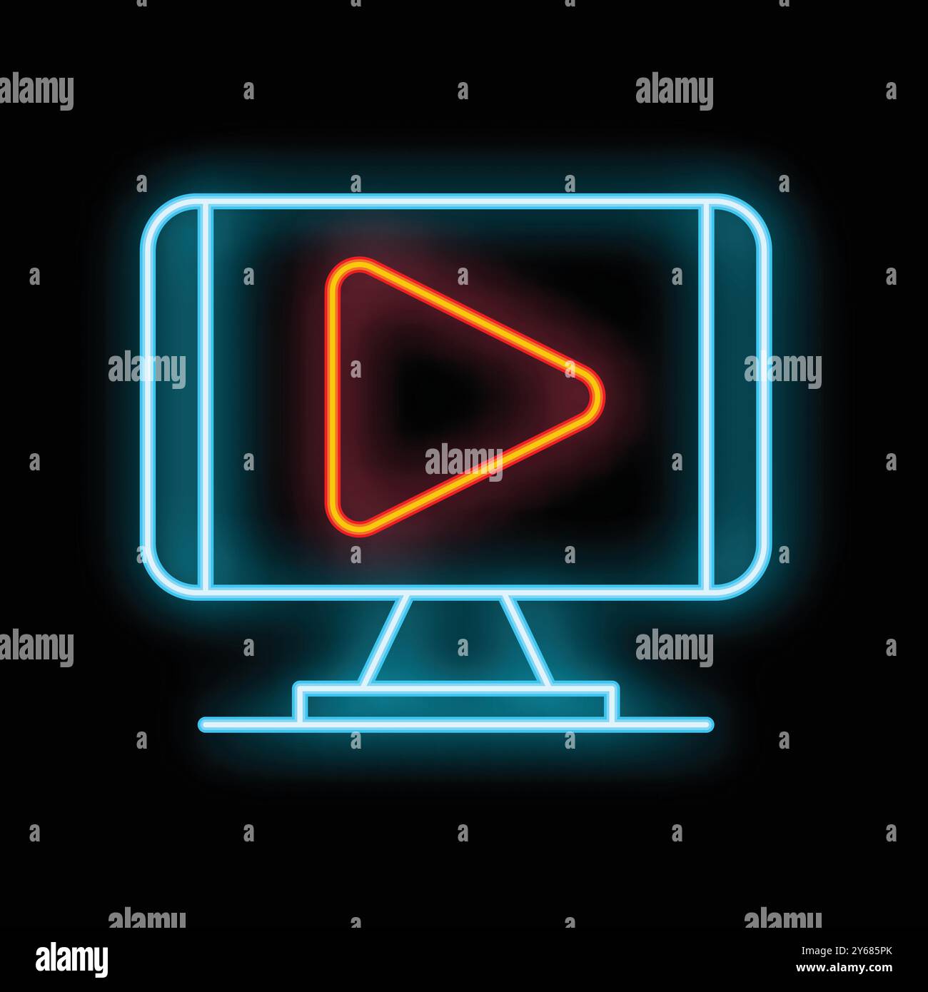 Neon icon representing a computer monitor displaying a play button, symbolizing online video ...