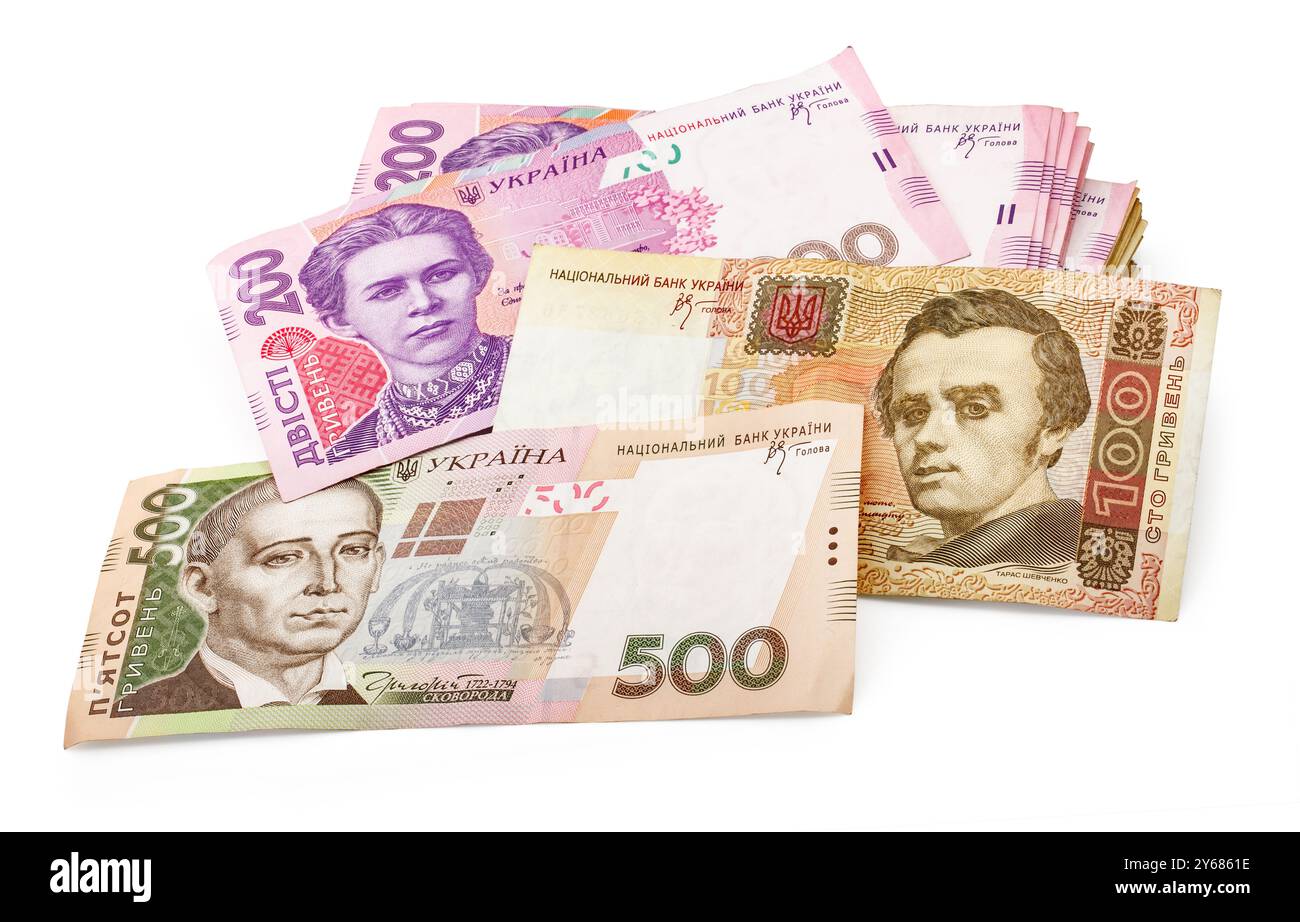 Ukrainian money Hryvnia banknote of 500, 200 and 100 value isolated on ...