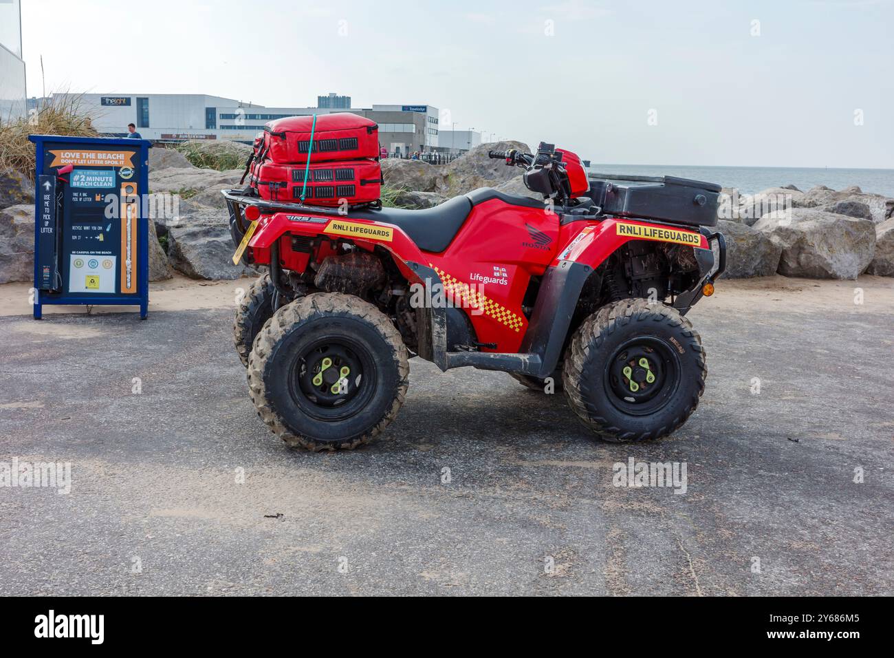 New Brighton, Wallasey, UK, September, 21, 2024: Red lifeguard ATV quad ...