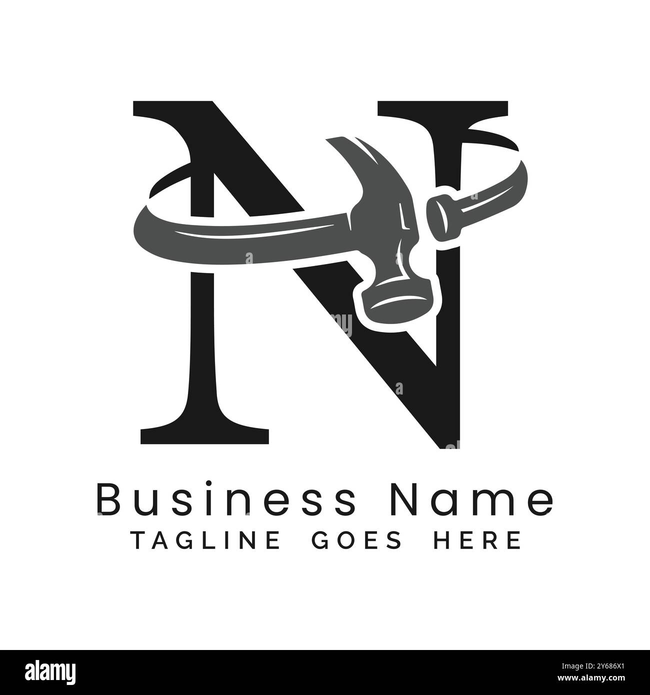 N Letter logo construction vector for woodworking company. Alphabet N hammer template ...