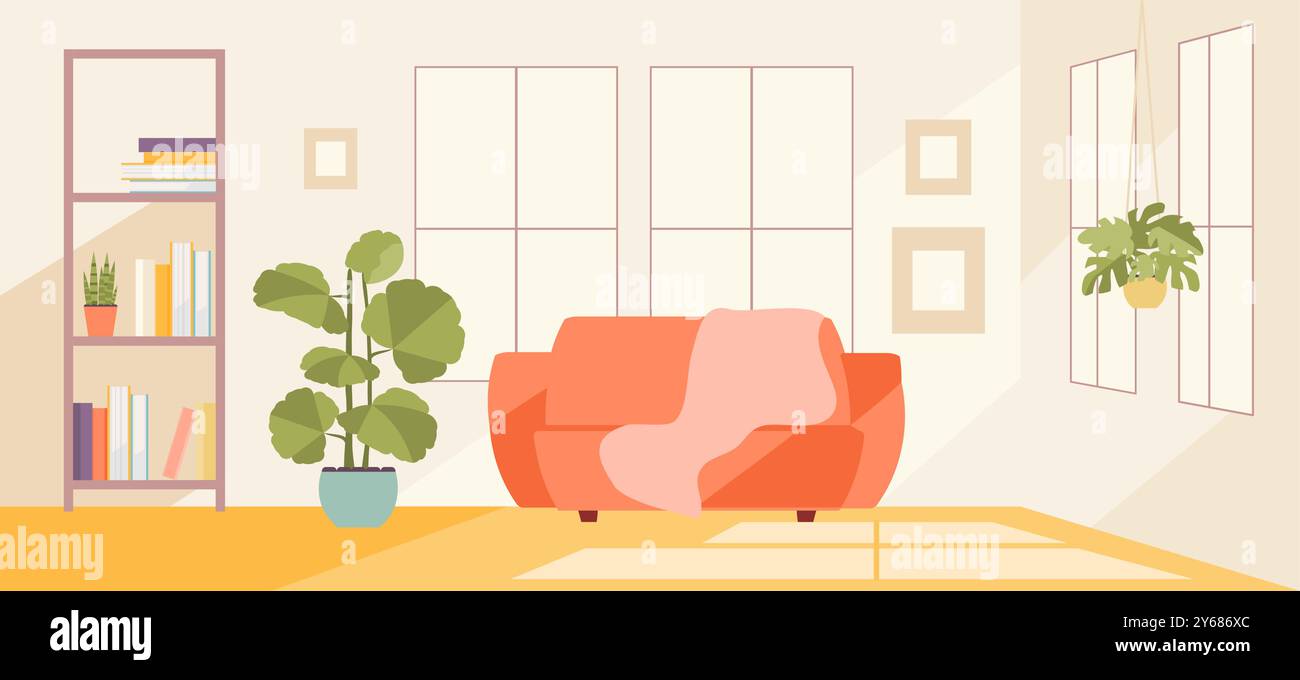 Warm living room with windows, sofa and flowers. Home comfort vector ...