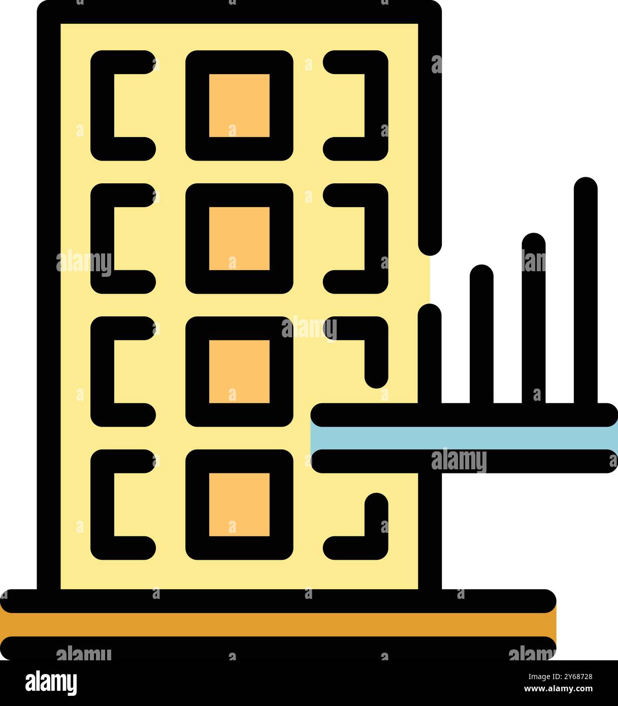 This simple color icon represents an apartment building with a graph ...