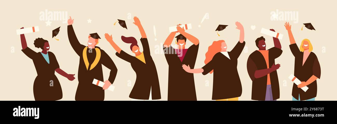 Happy jumping graduate students group. Education vector illustration ...