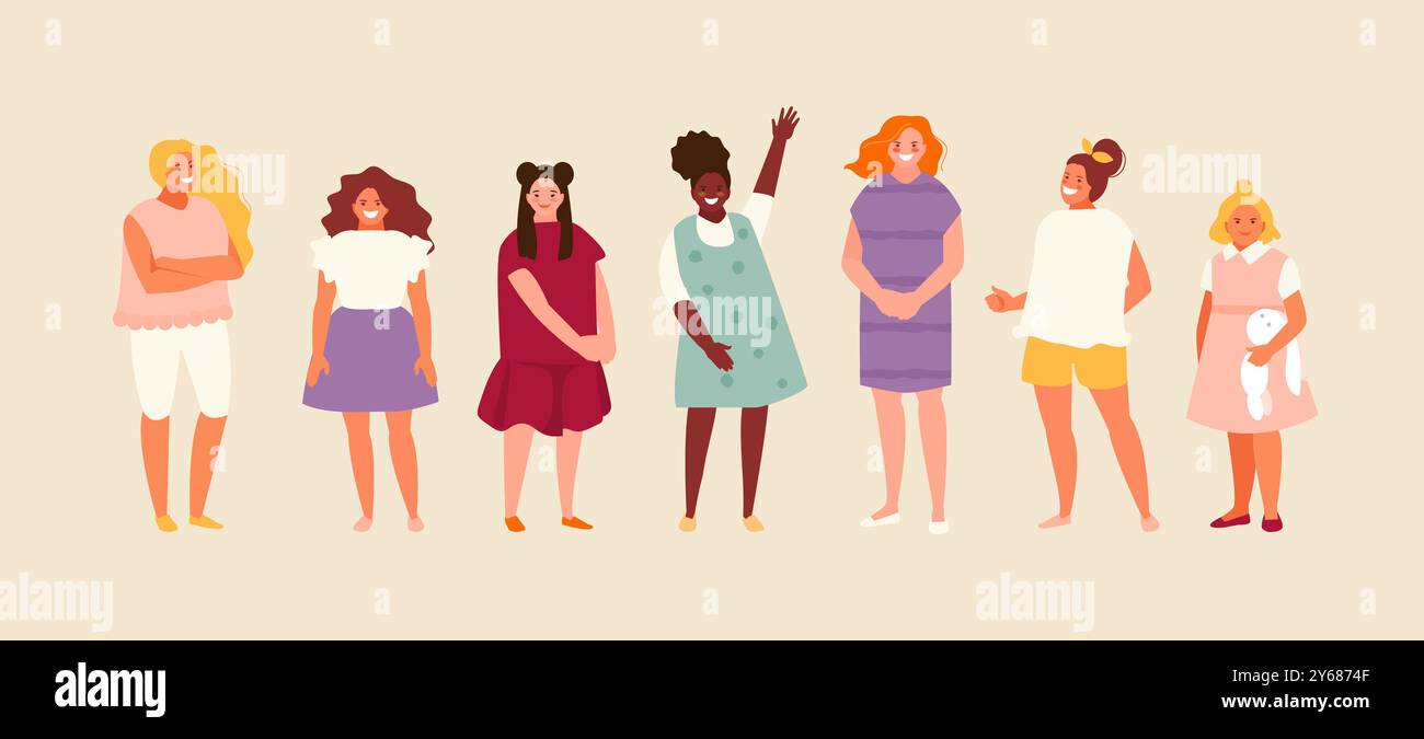 Cartoon children girls group of different appearance and nationality ...