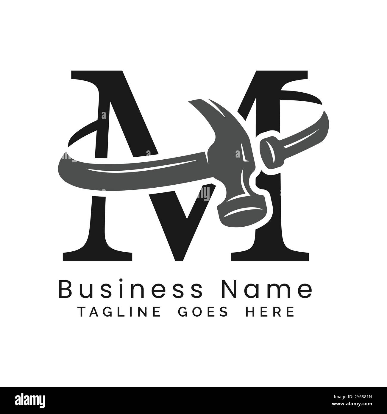 M Letter logo construction vector for woodworking company. Alphabet M hammer template ...