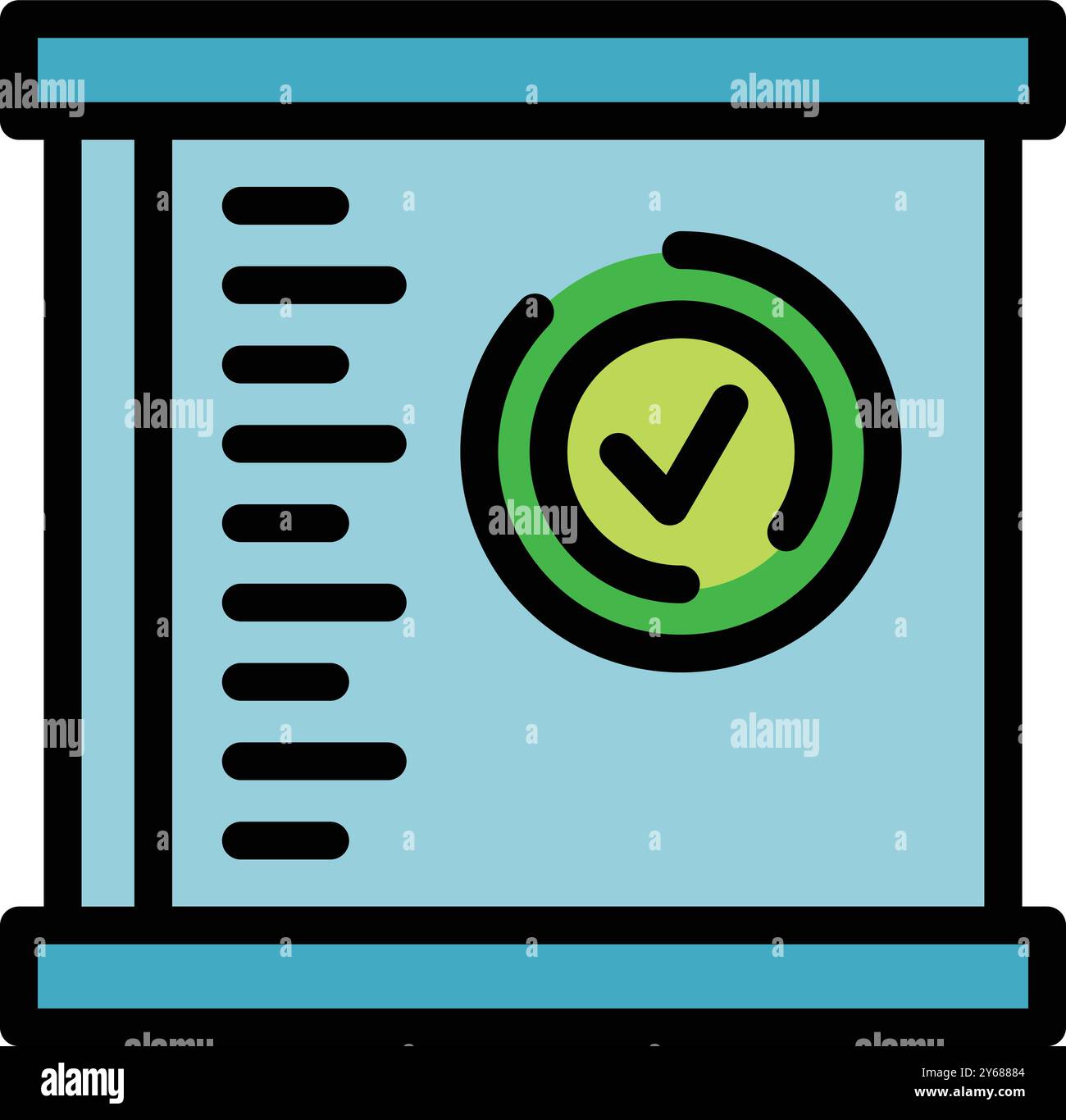 This vector icon of a server rack features a green check mark ...