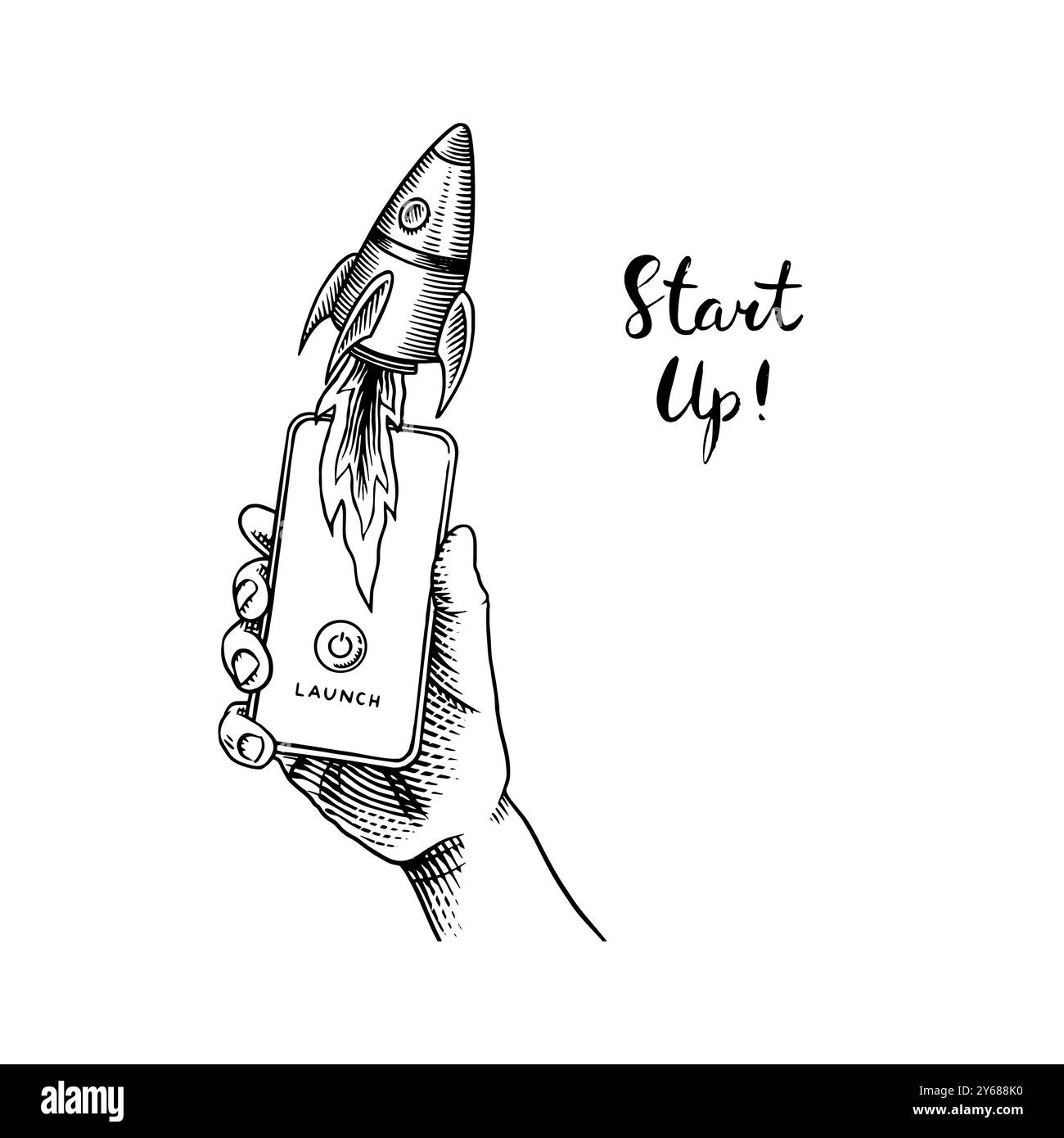 Hand holding mobile smartphone with launching rocket. Startup project ...