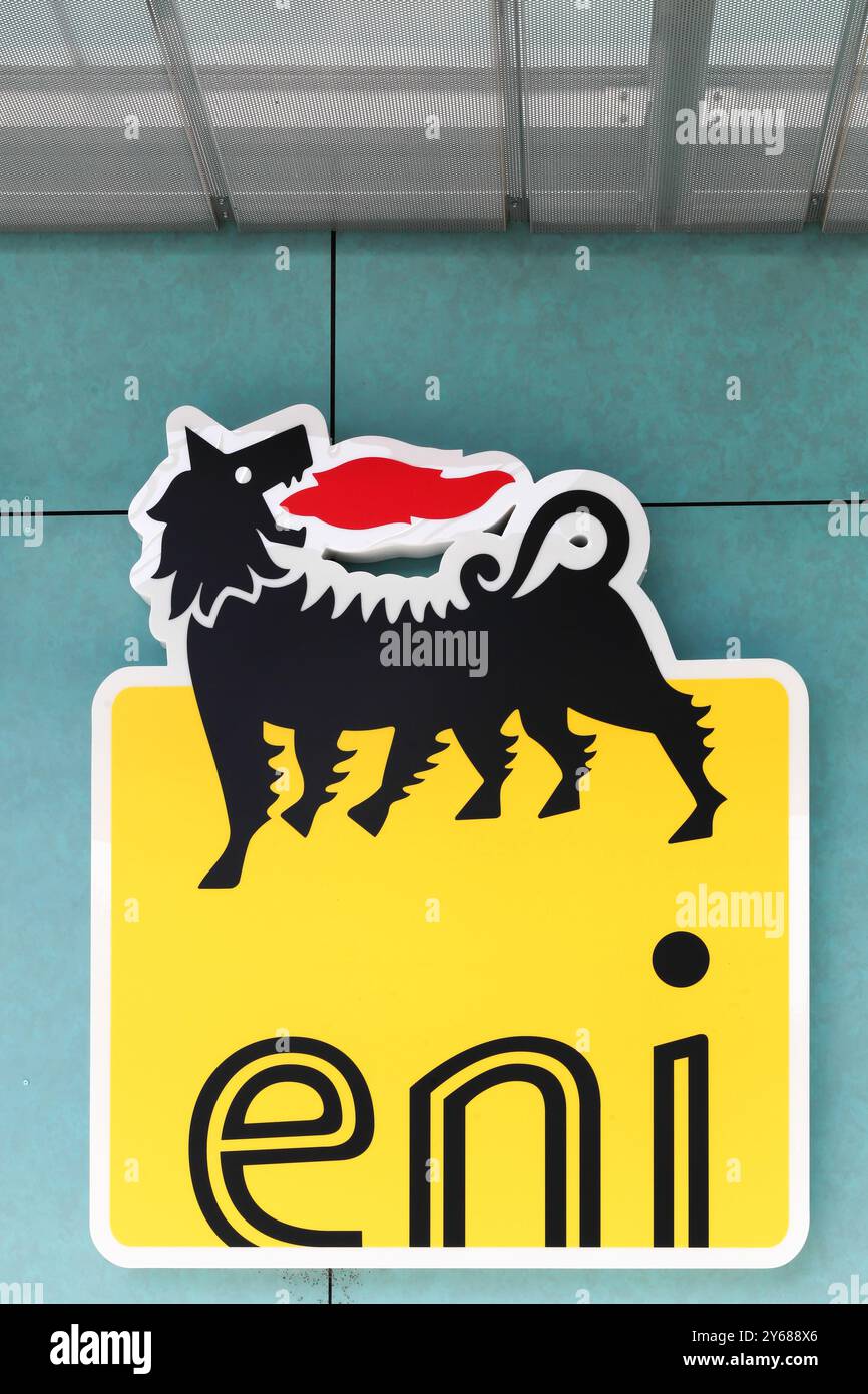 Mionnay, France - September 20, 2019: ENI logo on a wall. ENI is an ...