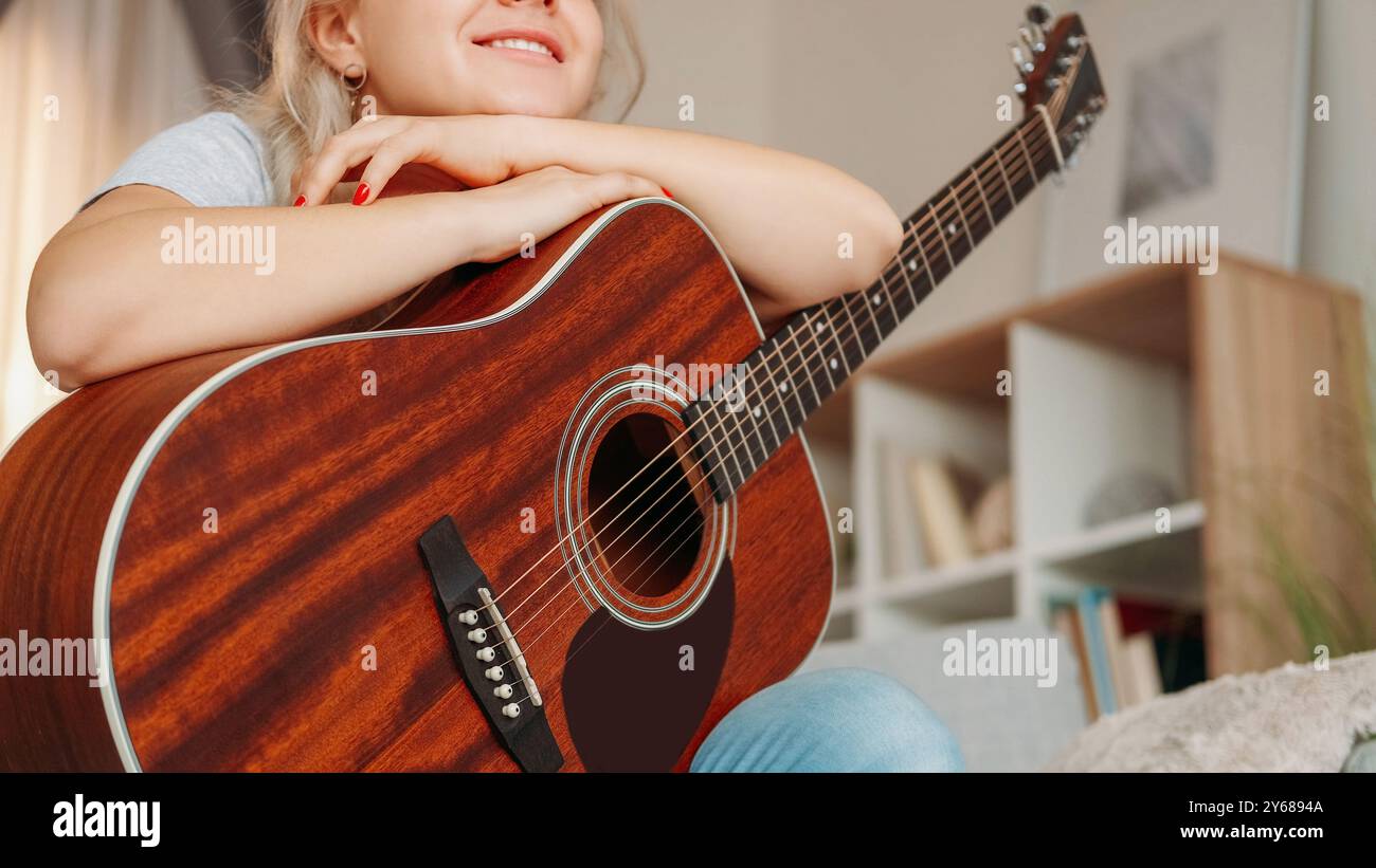 Music composer. Romantic woman. Home playing. Smiling female player ...