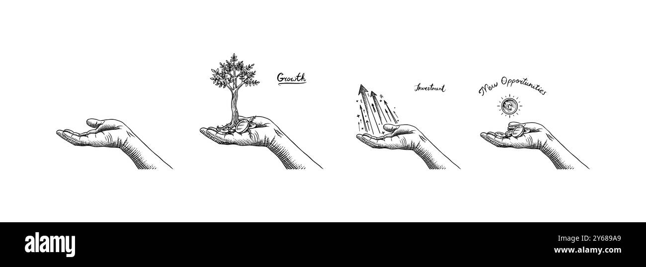 Open hand giving or receiving. Hologram of boosting arrows or graph ...