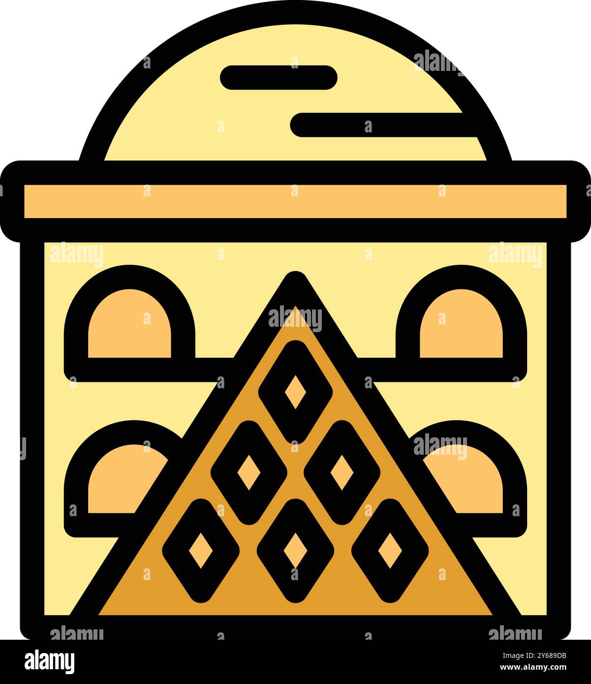 Colorful icon representing a building with a pyramid and semicircles ...