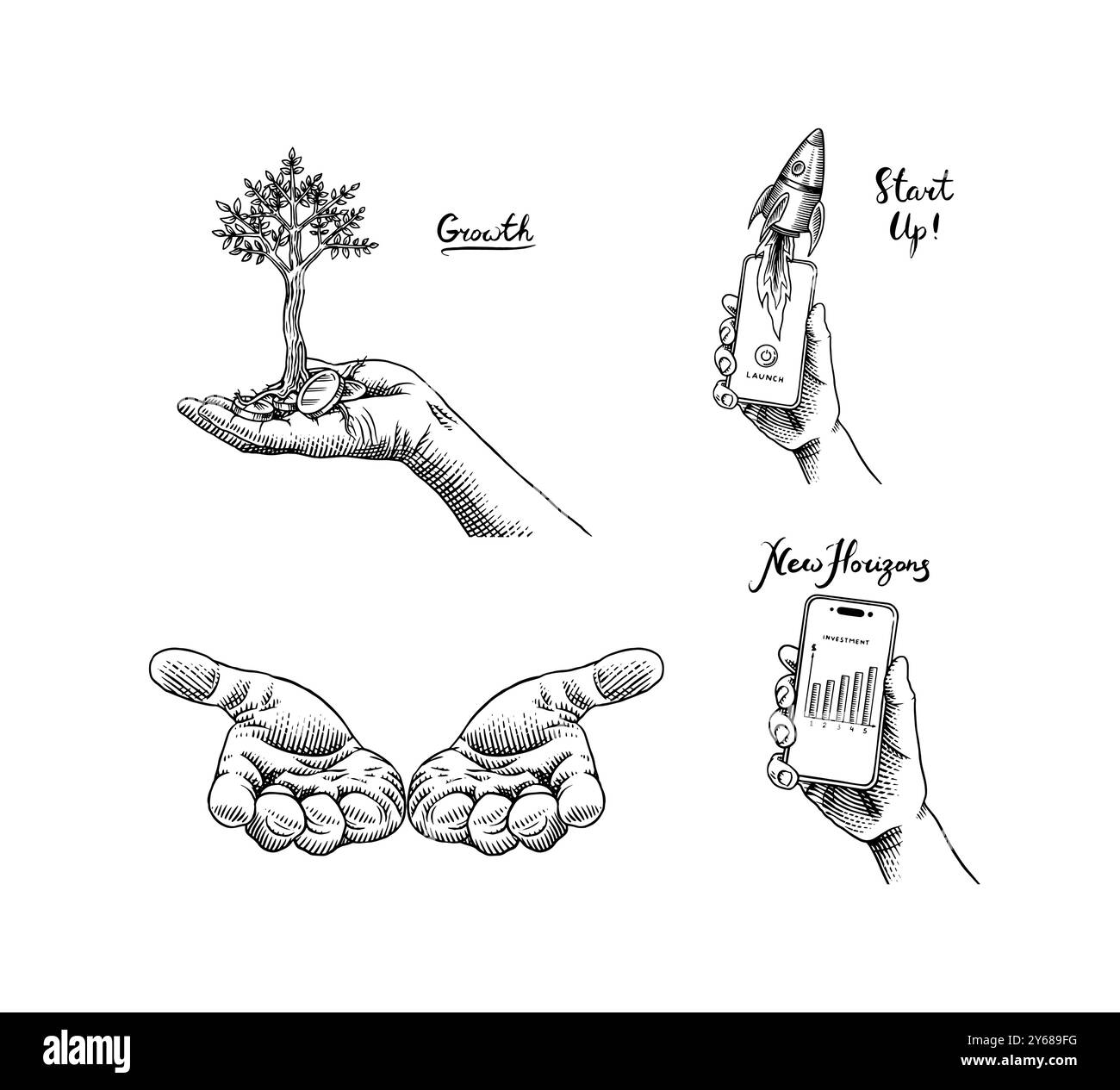 Open hand giving or receiving. Hologram of boosting arrows or graph ...