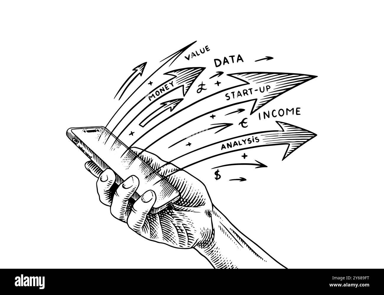 Open hand giving or receiving. Hologram of boosting arrows or graph ...