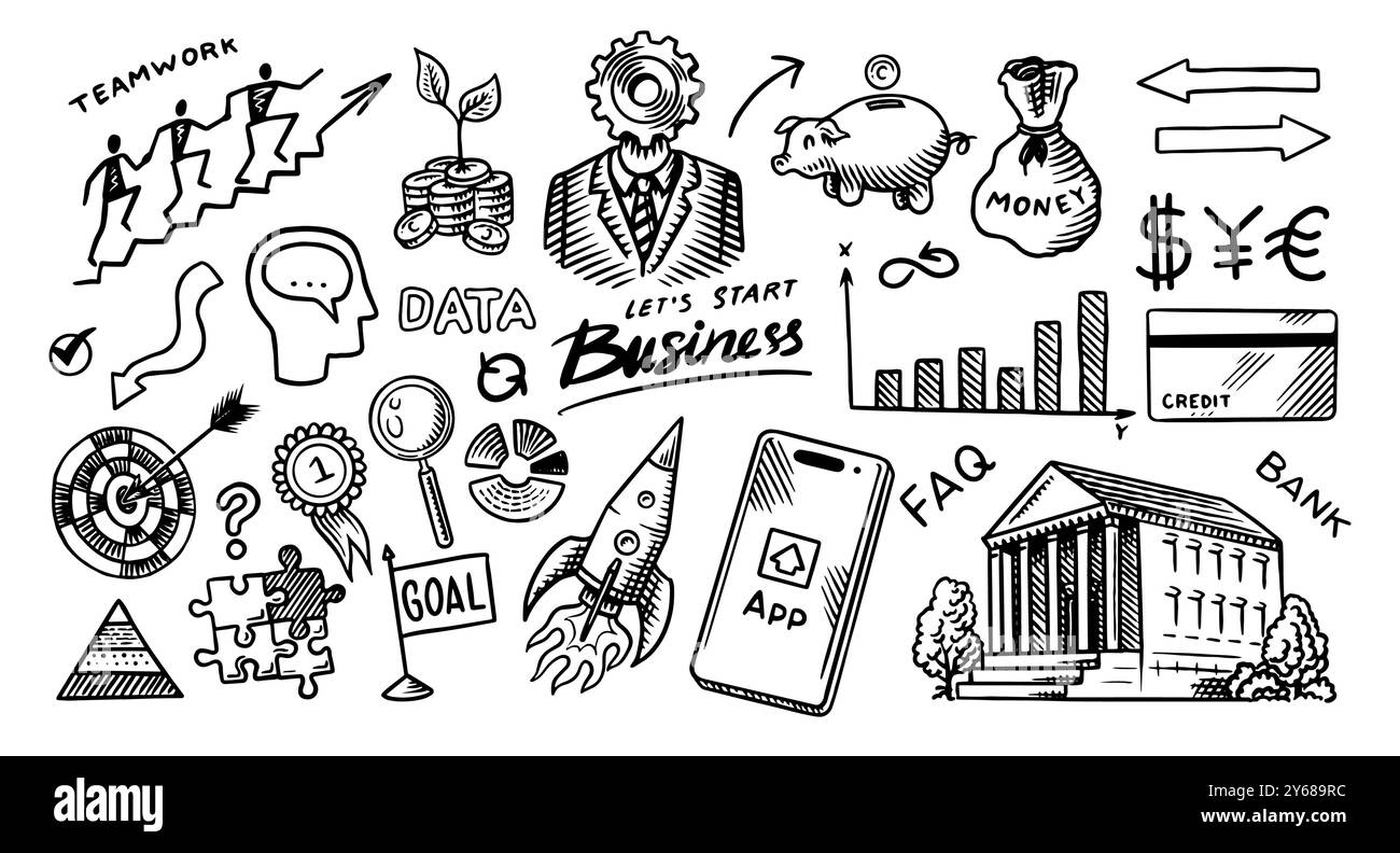 Business doodles hand drawn icons. Management concept. Vector clipart ...
