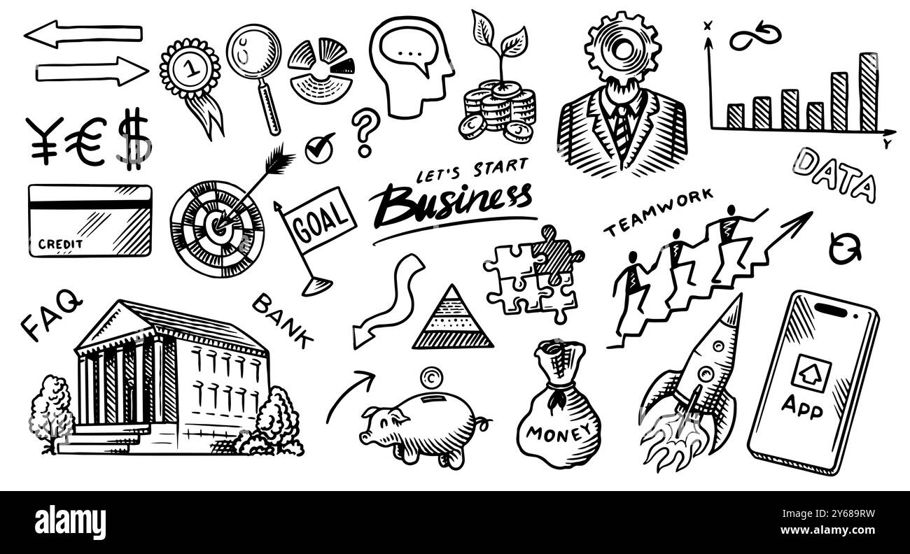 Business doodles hand drawn icons. Management concept. Vector clipart ...