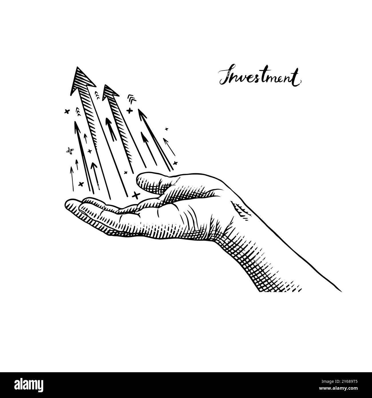 Open hand giving or receiving. Hologram of boosting arrows or graph ...