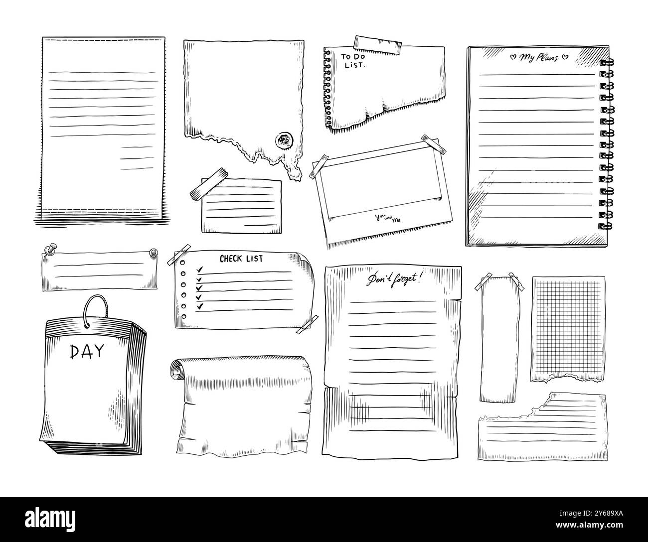 Paper notes for daily planner. Hand drawn bullet journal elements ...