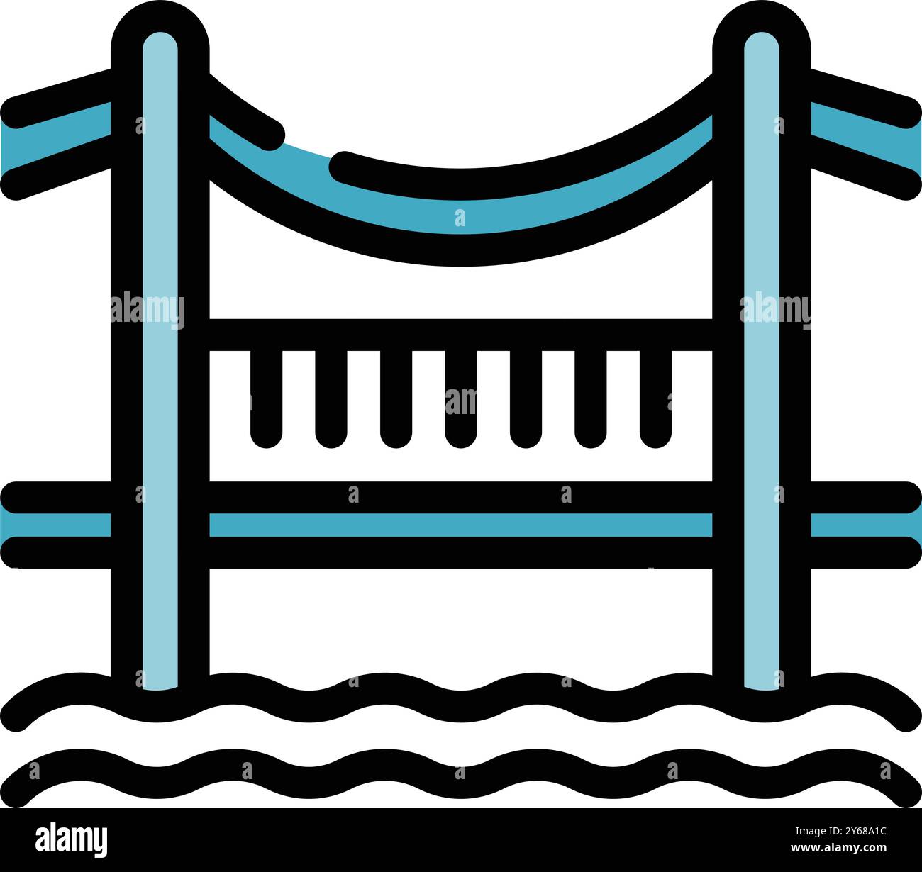 Simple color icon of a suspension bridge with blue waves underneath ...