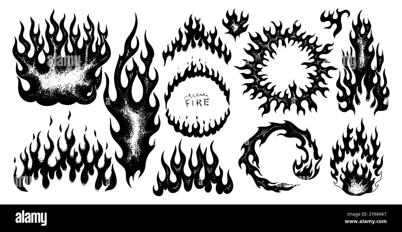 Set of silhouette flame and fire in vintage style. Hand drawn bonfire ...