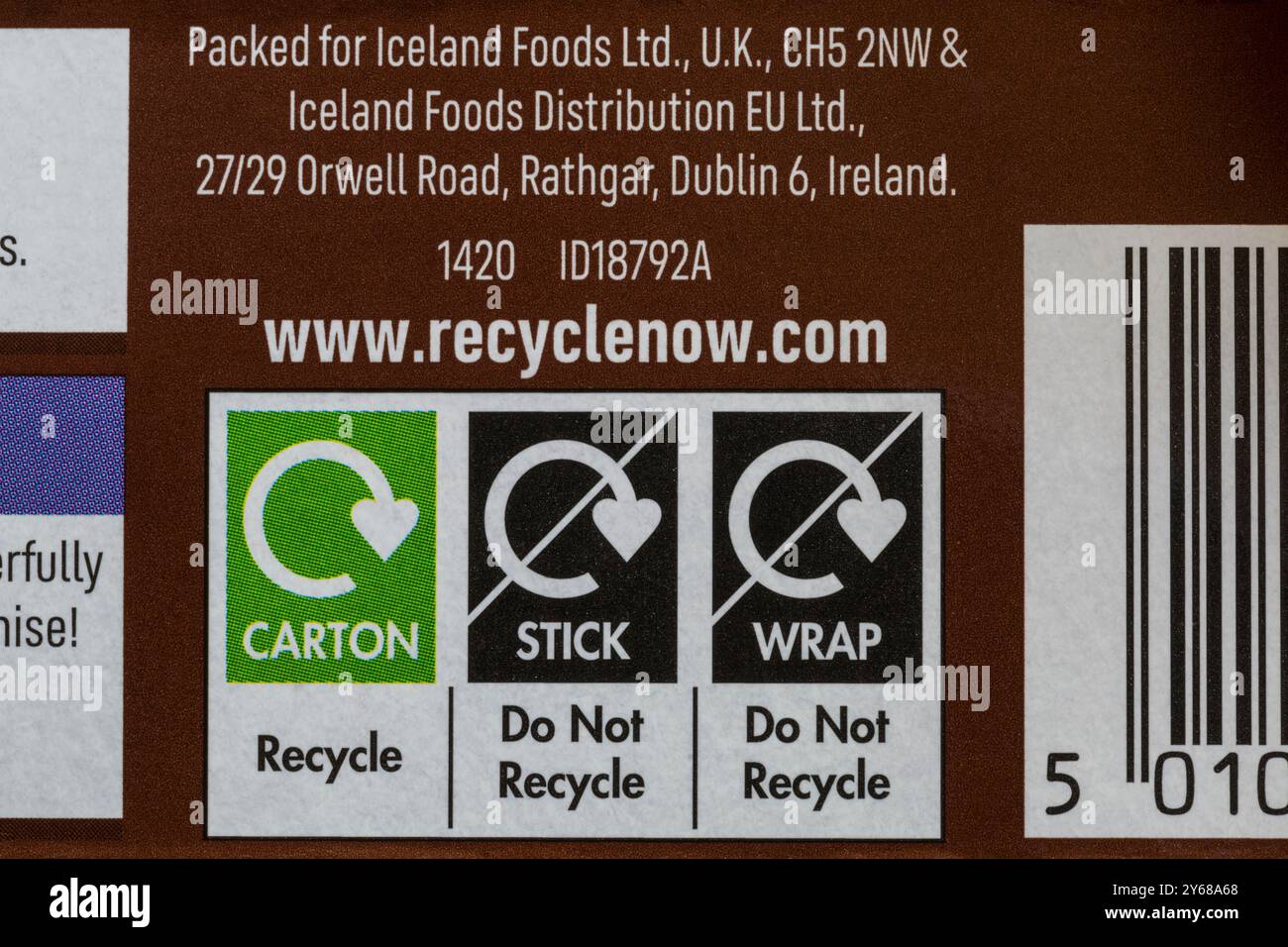 recycling symbols on box of Iceland Majestics Chocolate & Caramel ...