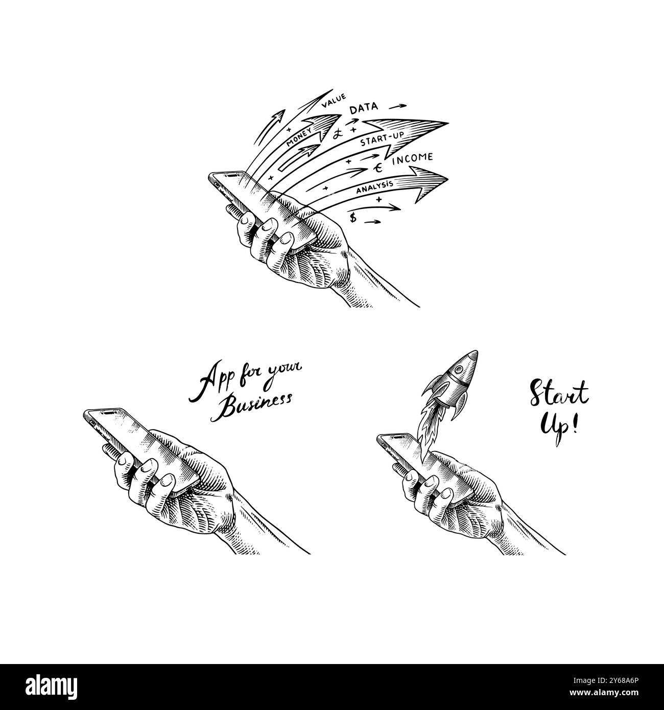 Hand holding mobile smartphone with launching rocket. logram of ...