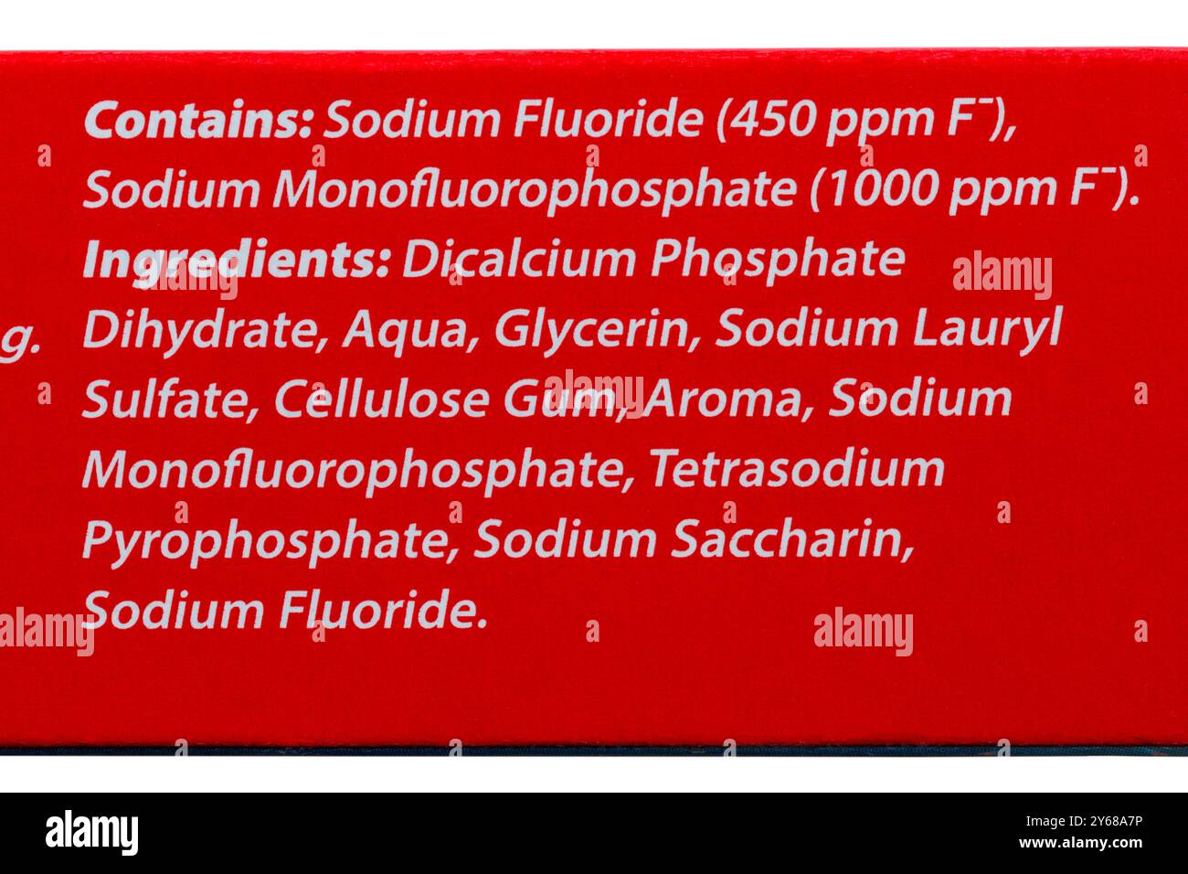 Toothpaste ingredients listed on box of new look Colgate Cavity ...
