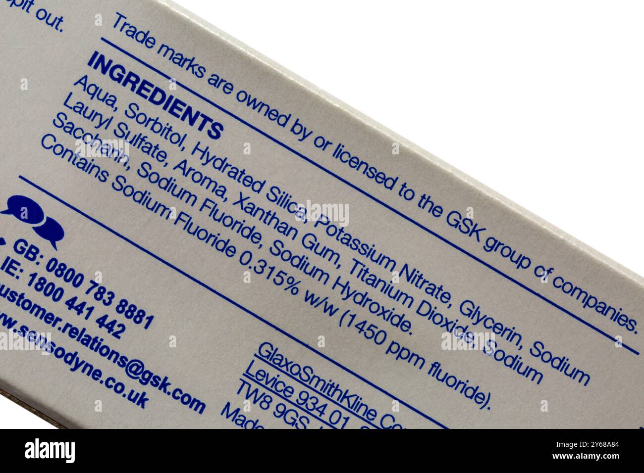 Toothpaste ingredients listed on box of Sensodyne Mild Mint toothpaste ...