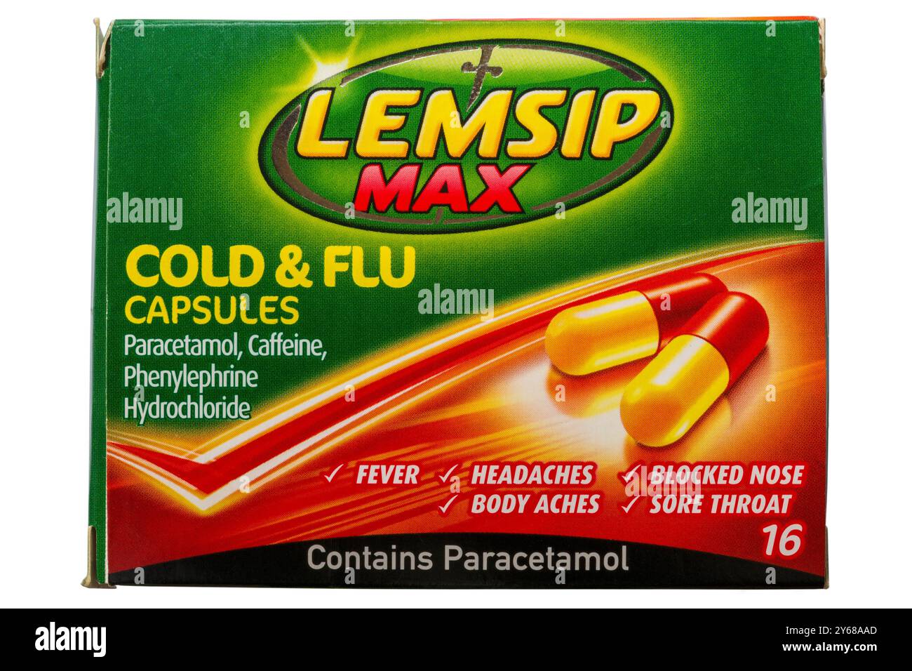 Box of Lemsip Max cold & flu capsules isolated on white background ...