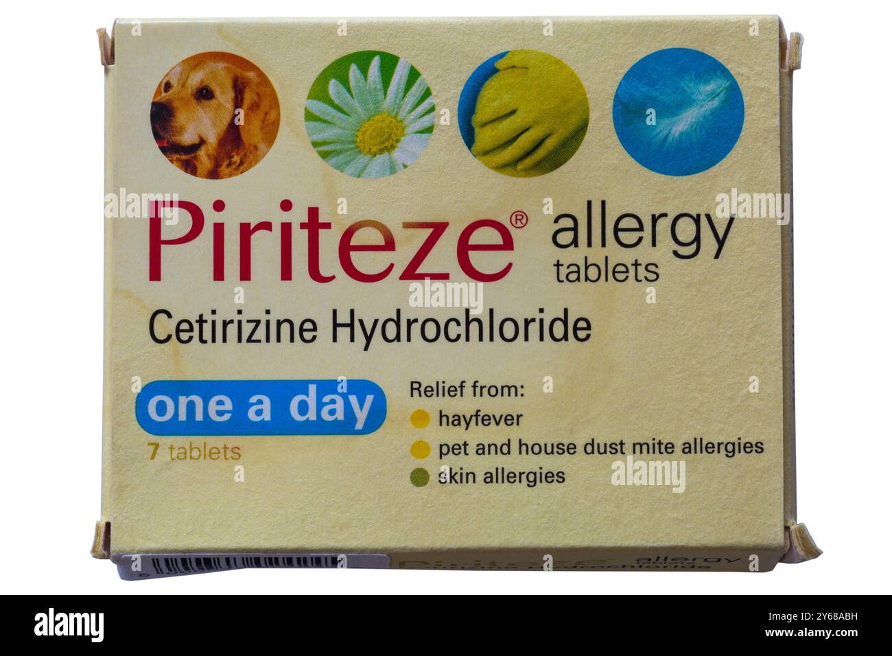 Box of Piriteze allergy tablets isolated on white background - relief ...