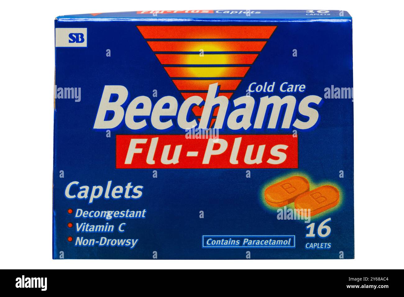 Box of Cold Care Beechams Flu-Plus caplets isolated on white background ...